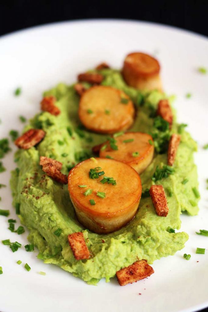 Vegan Scallops with Pea Puree and "Bacon" Bits