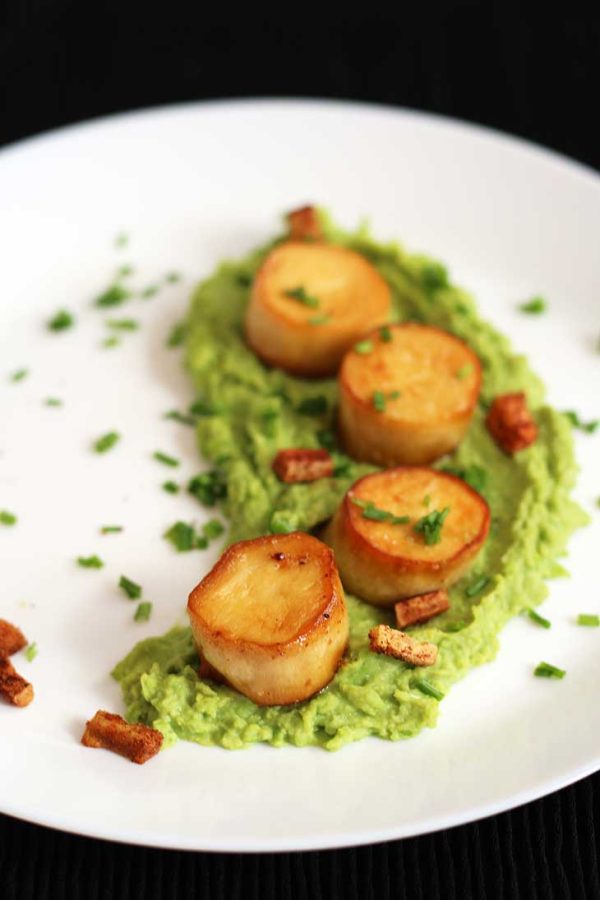 Vegan Scallops with Pea Puree and "Bacon" Bits
