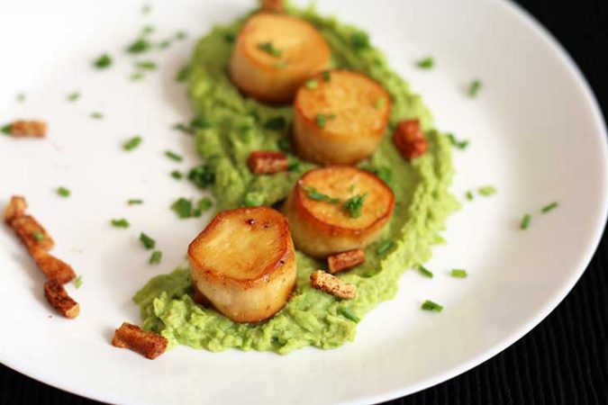 Vegan Scallops with Pea Puree and "Bacon" Bits | Gourmandelle